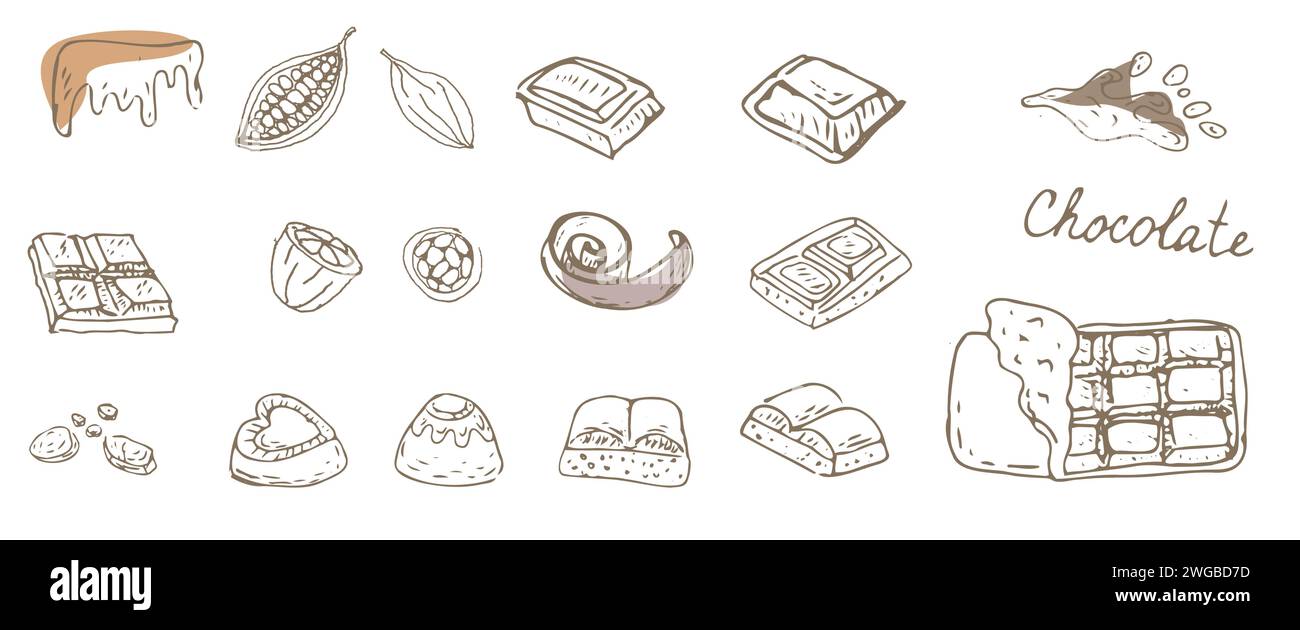 Cocoa beans doodle outline and chocolate set. Cacao Vector illustration ...