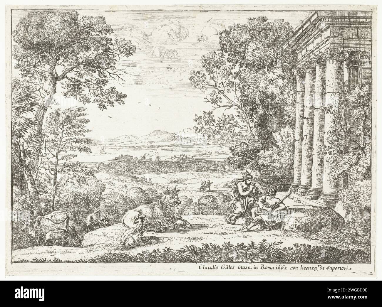 Mercury en Argus, Claude Lorrain, 1662 print In a hilly landscape ...