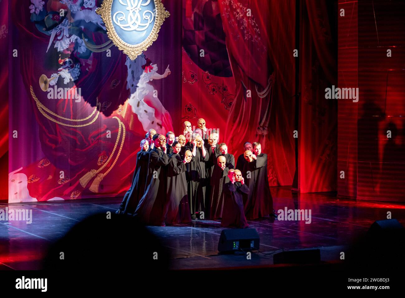 Actresses and actors acting and singing in the musical The Blue Cameo ...