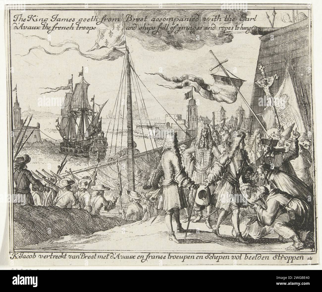 King Jacobus II leaves with French troops from Brest to Ireland, 1689 ...