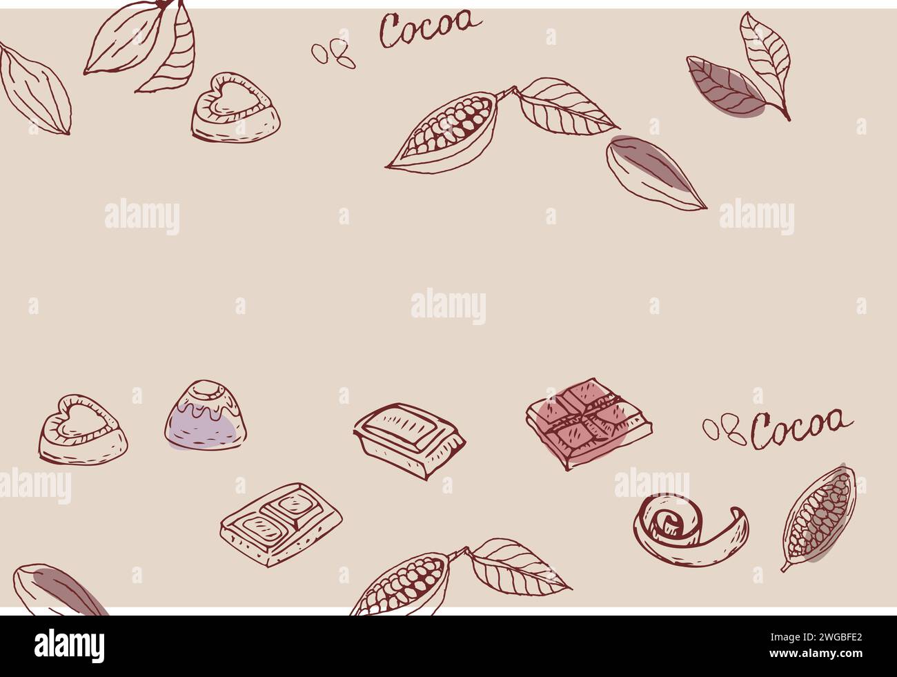 Cocoa beans doodle sketch and chocolate candy background. Hand drawn ...