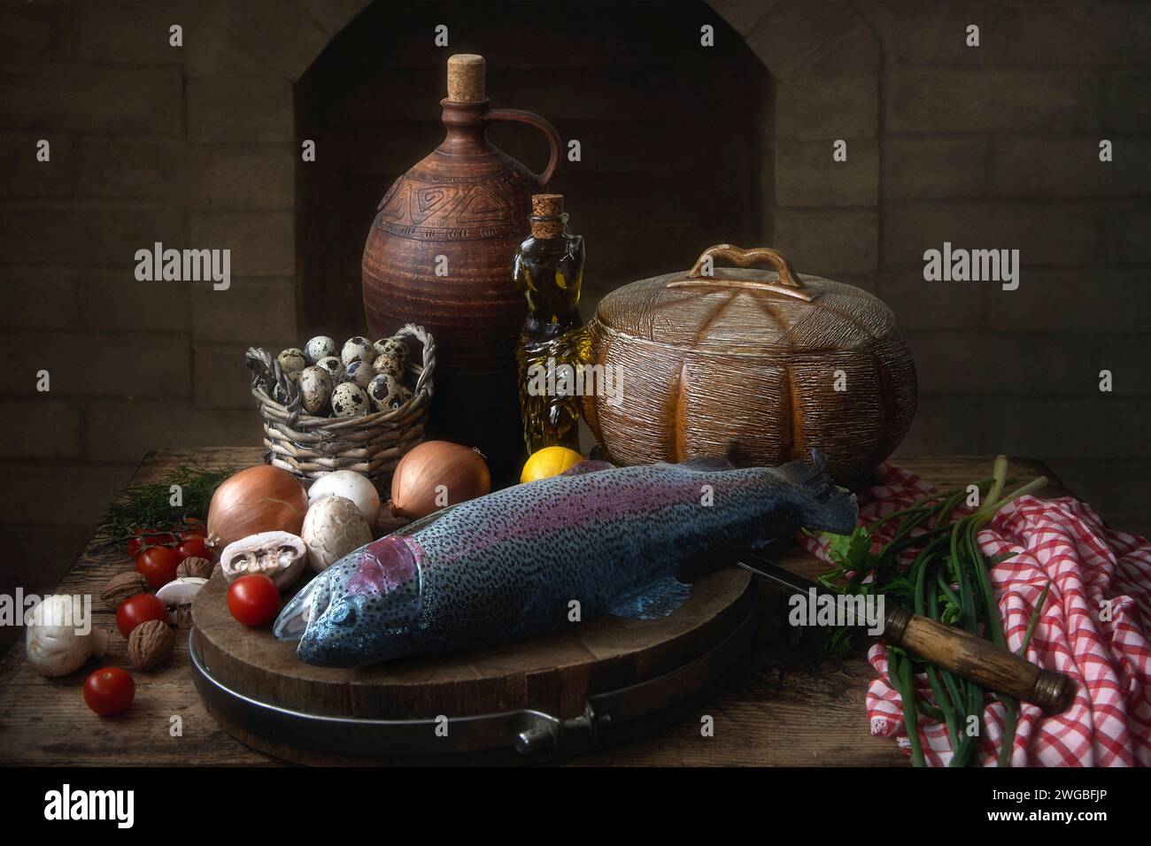 Still life with trout on the kitchen table Stock Photo - Alamy
