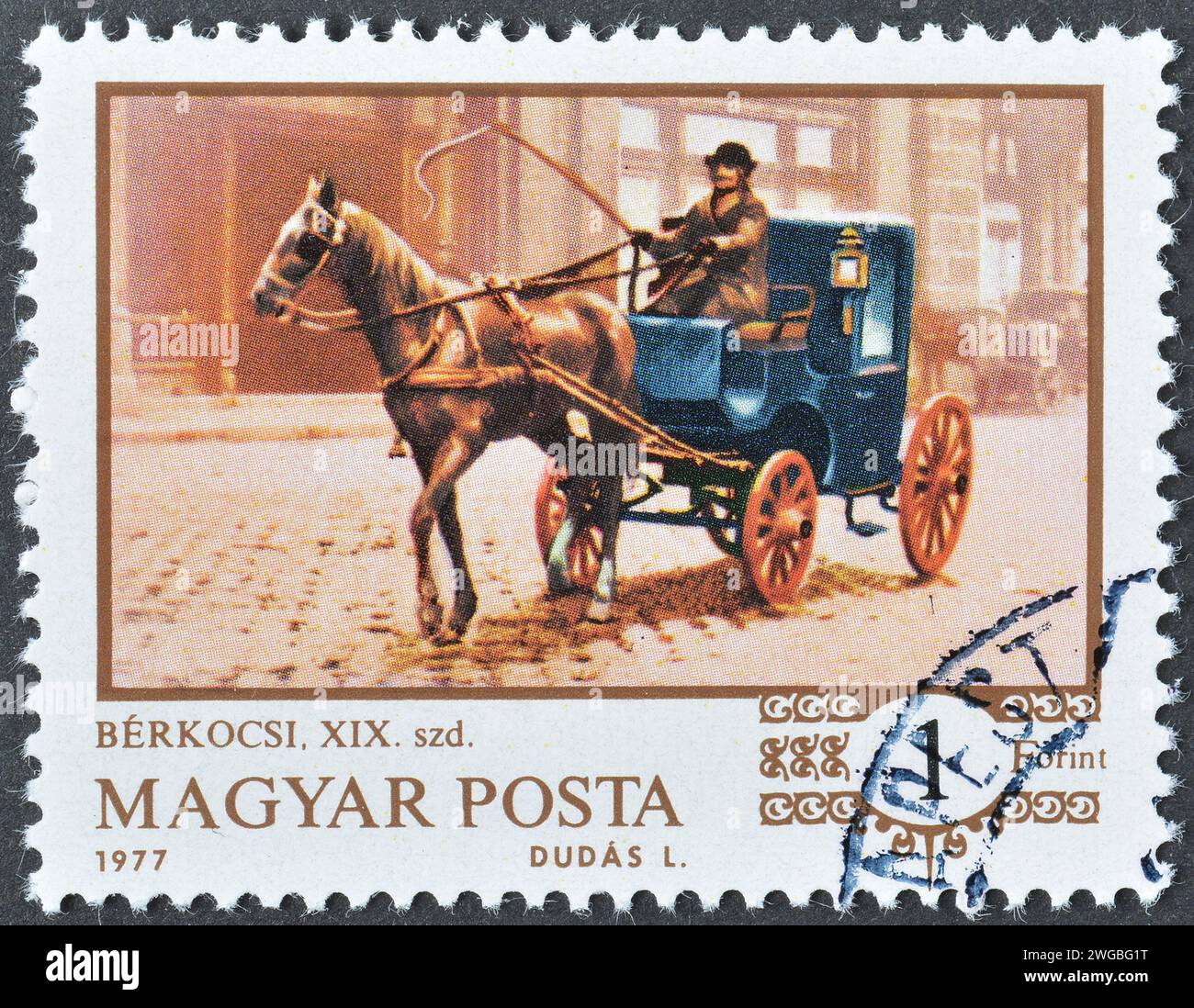 Cancelled postage stamp printed by Hungary, that shows Hackney-carriage ...