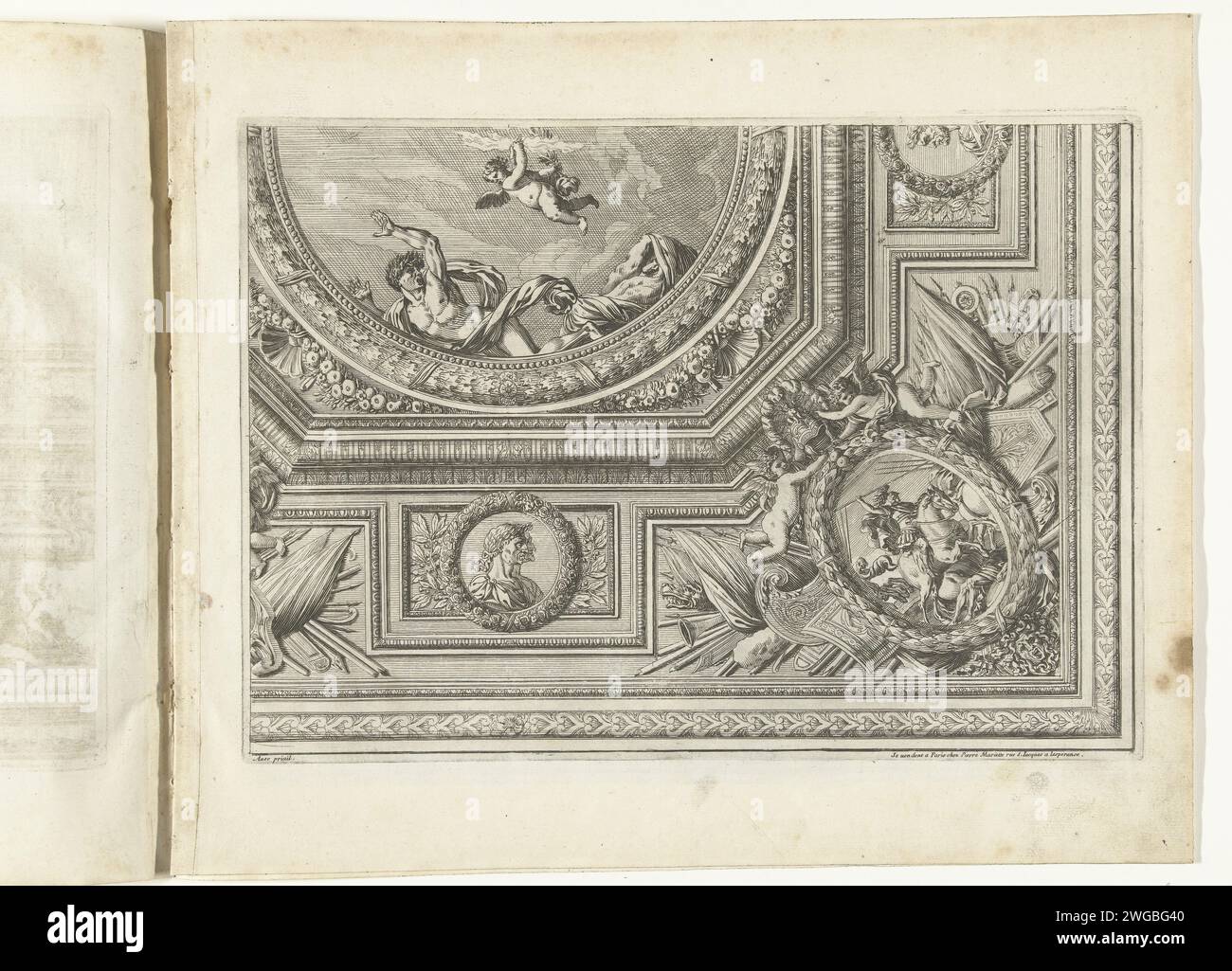 Ceiling with round center piece, 1661 print In the middle a putto as a ...