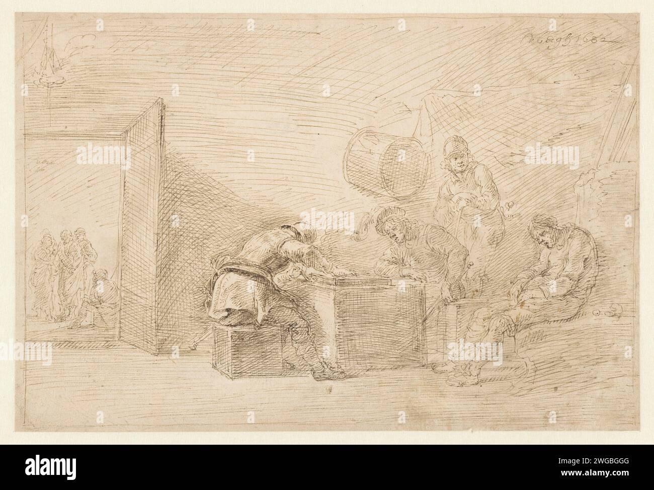 Soldiers and the denial of Petrus, Matthys van den Bergh, 1682 drawing ...