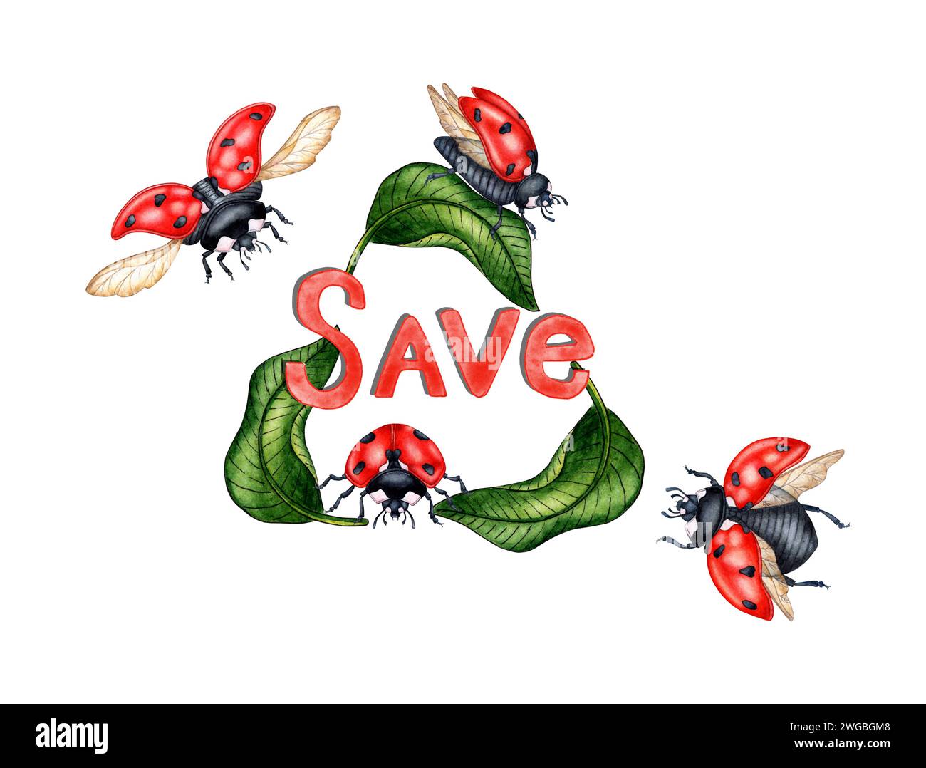 Watercolor illustration of green leaves in the shape of a recycling ...