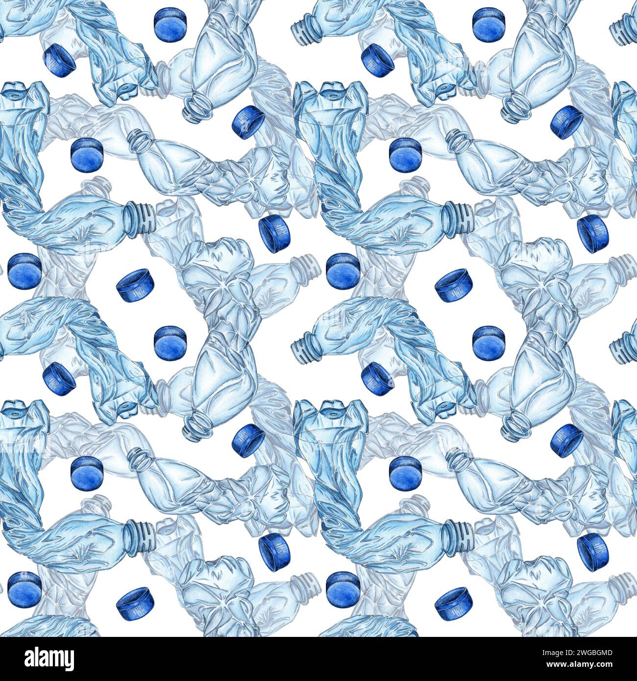 Watercolor illustration of a pattern of plastic waste pollution ...