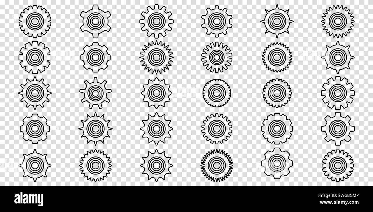 Simple Gear wheel collection. Cogwheel. Gears icon outline set. Setting gears icon. Machine gear ...