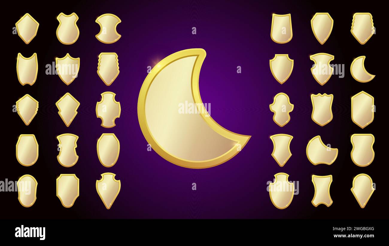 Set of realistic golden heraldic shields. Glass and glossy shield ...