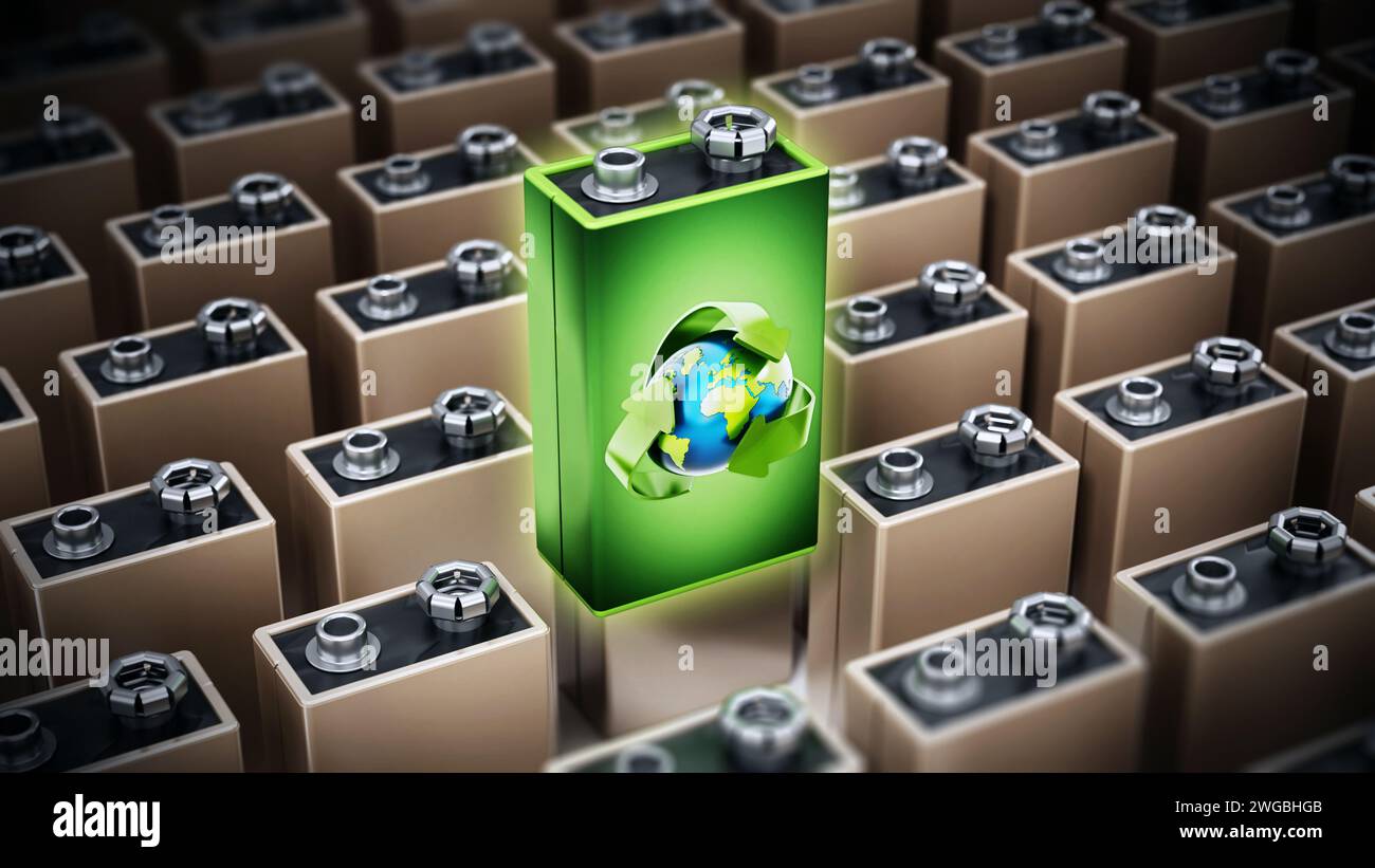 Green battery with recycle symbol stands out among regular alcaline ...