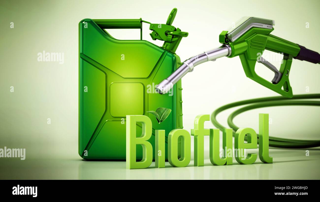 Biofuel word standing next to green gas tank and gas pump. 3D ...
