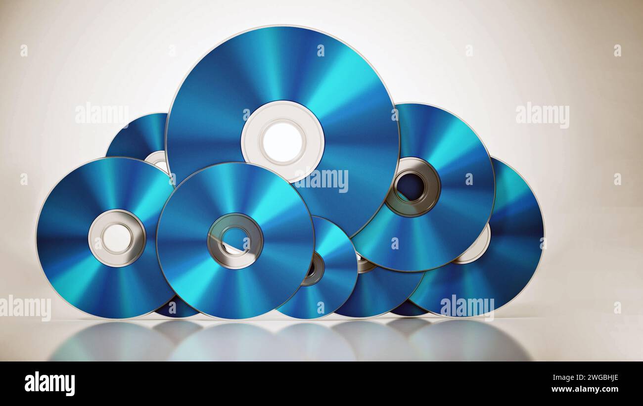 Bluray discs arranged as a cloud symbol. Data storage concept. 3D ...