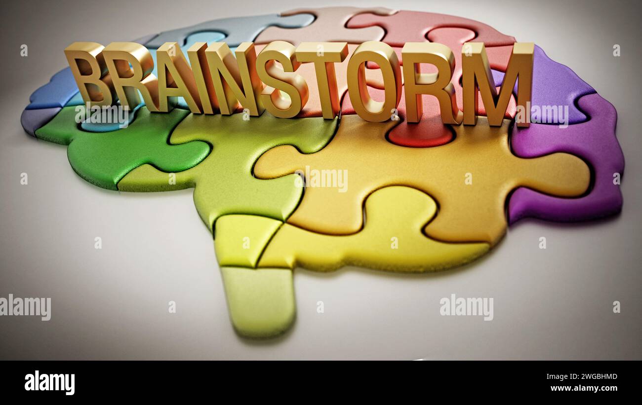 Brainstorm word standing on colorful puzzle pieces forming a human ...