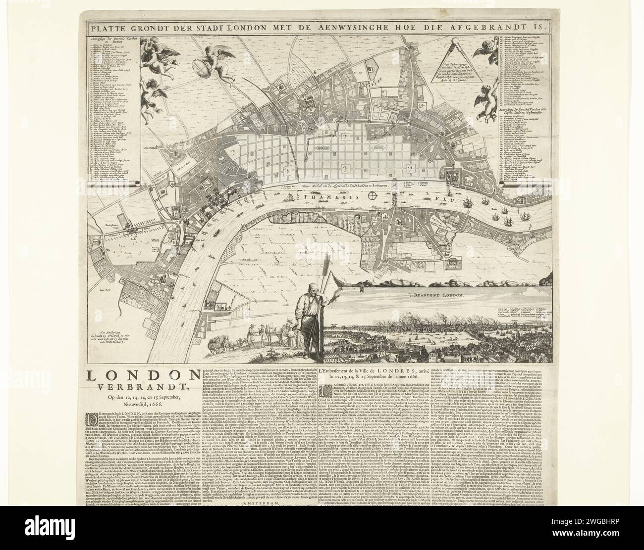 Map of London after the big fire of 1666, 1666 print Map of London on ...