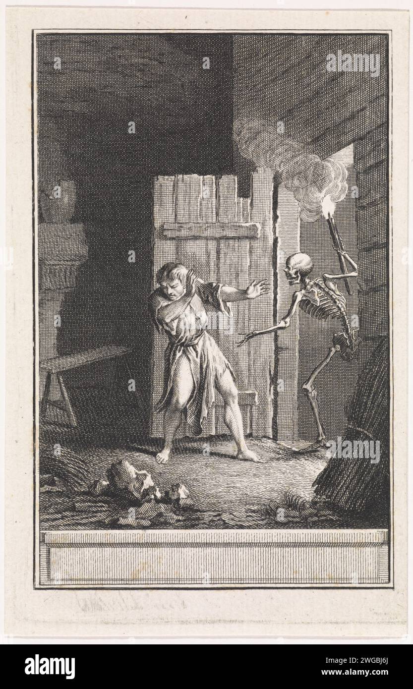 Man surprised by death, Jan Punt, 1758 print A man in a barn is ...