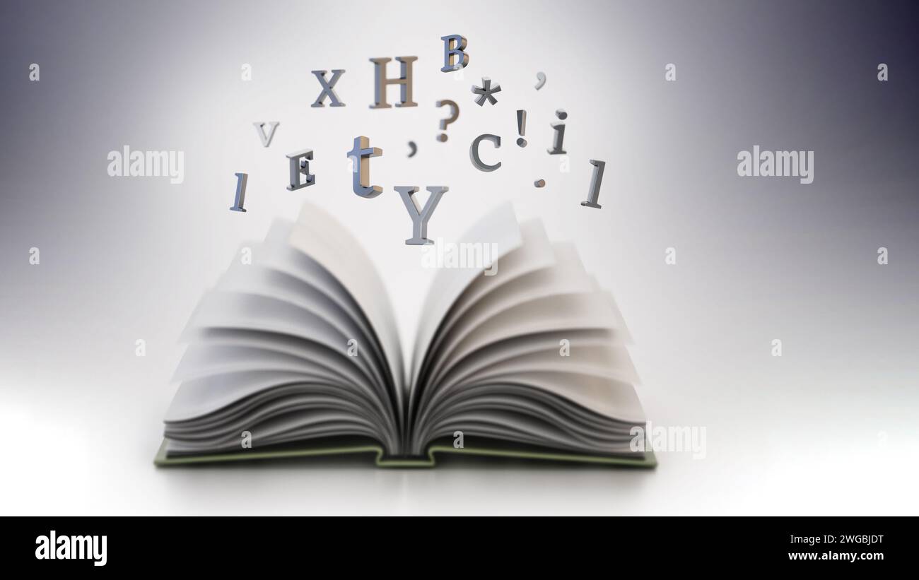 Open book words flying hi-res stock photography and images - Alamy
