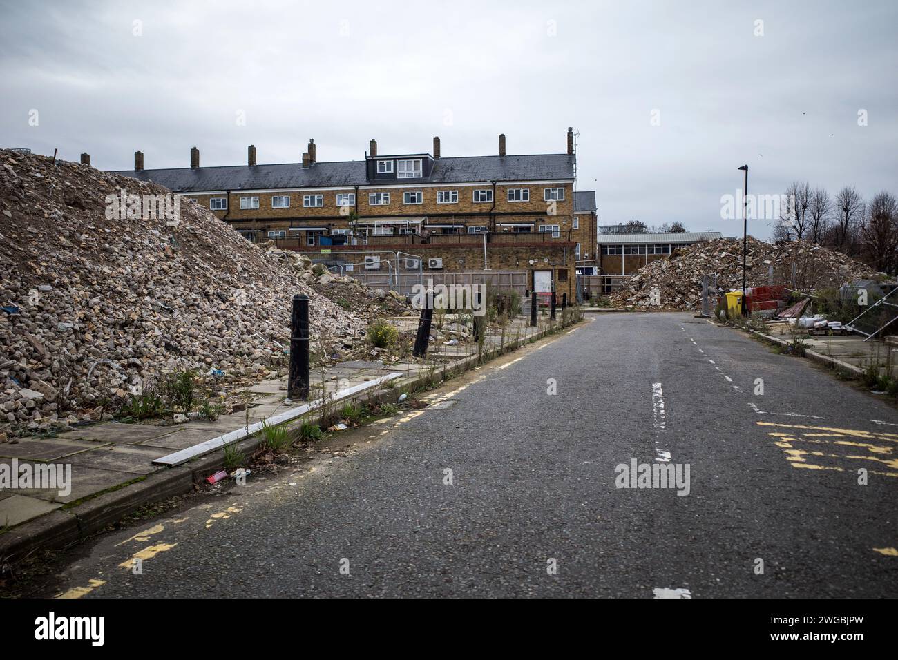 Pile of rubble from a demolished building, part of the Chrisp street ...