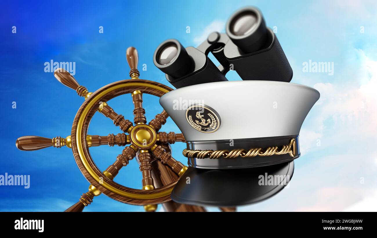 Ship wheel and captain hat against blue sky background. 3D illustration ...