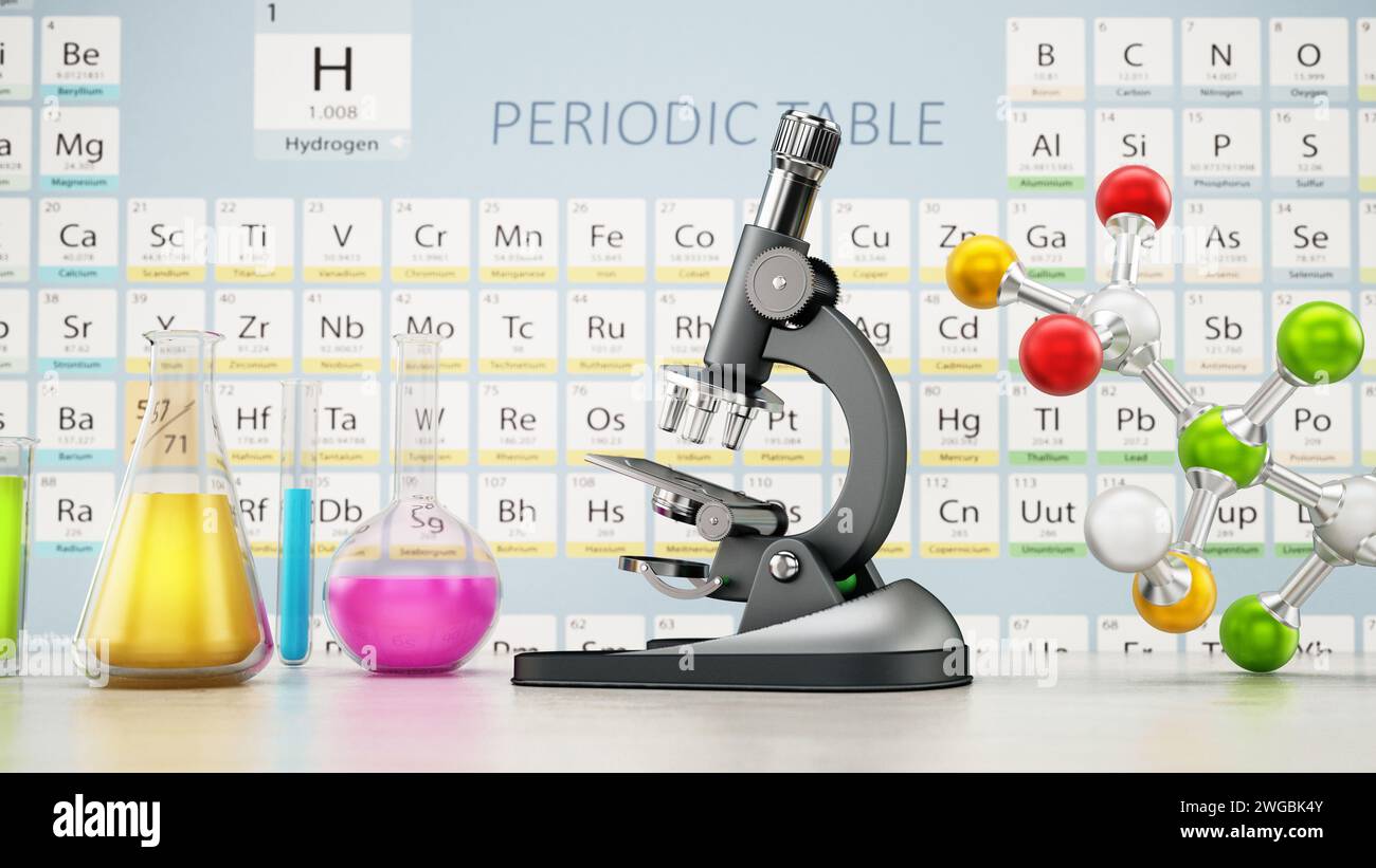 Chemistery laboratory with microscope, molecule model and glass lab ...