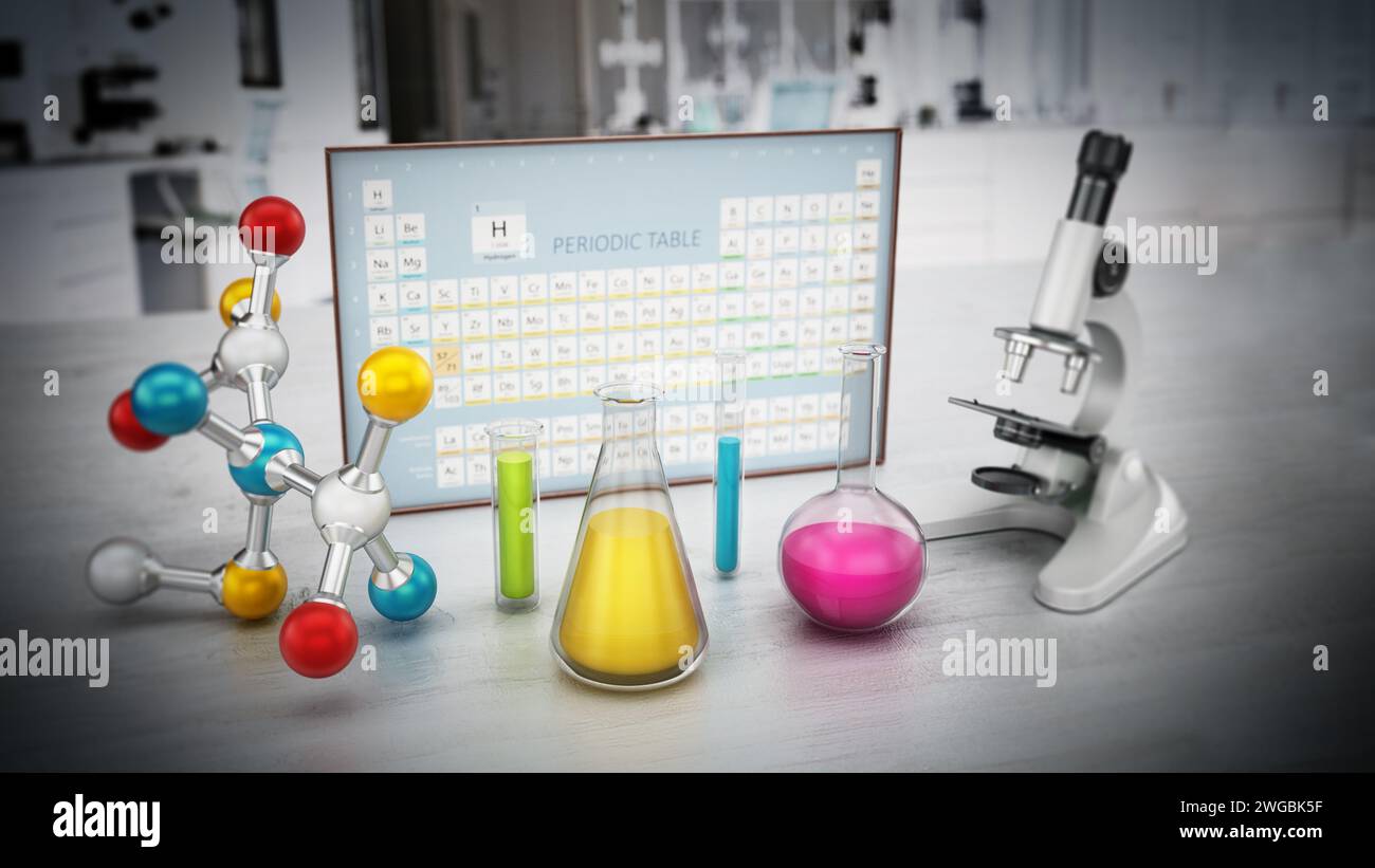 Chemistery laboratory with microscope, molecule model and glass lab ...