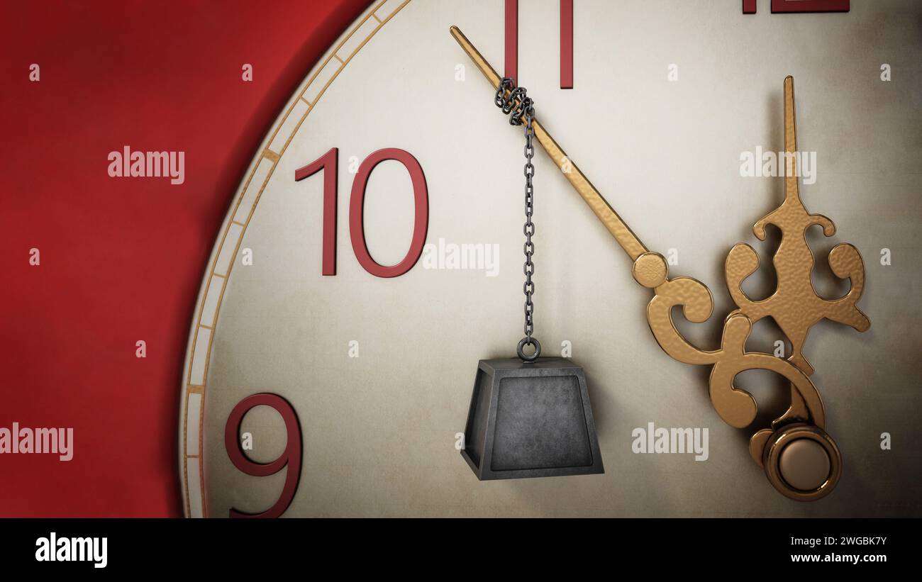 One ton weight chained at the clock hand stopping the time. 3D ...