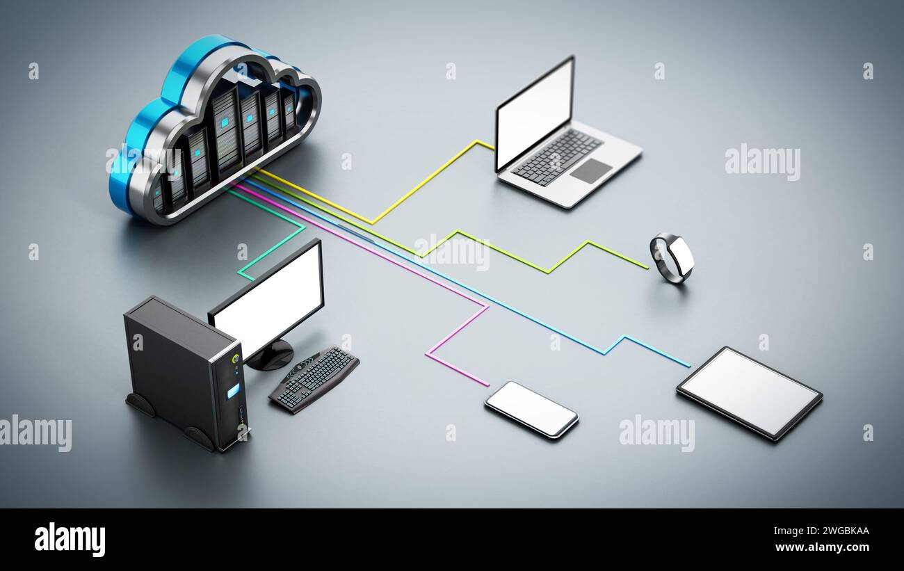 Smart devices connected to the cloud shaped servers. Cloud computing ...