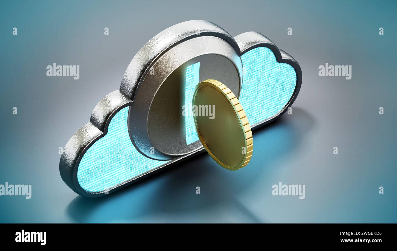 Cryptocurrency coin with cloud shaped coin counter. 3D illustration ...