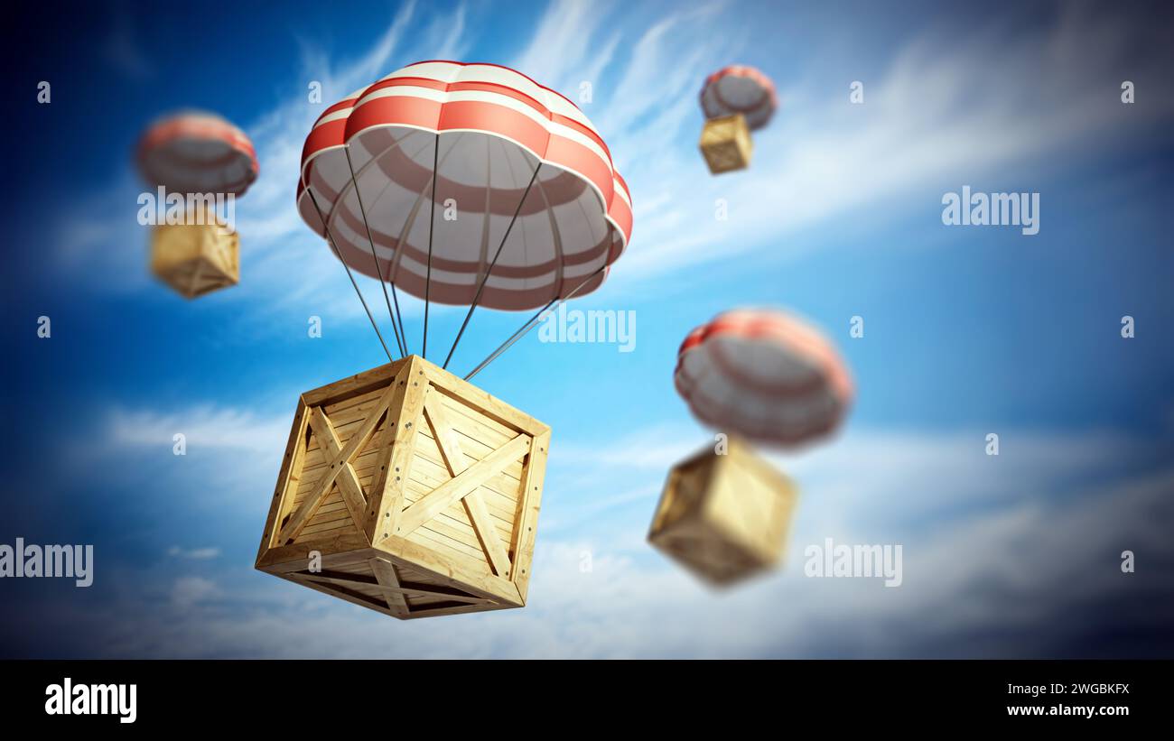 Wooden crates in the sky being delivered with parachutes. 3D ...
