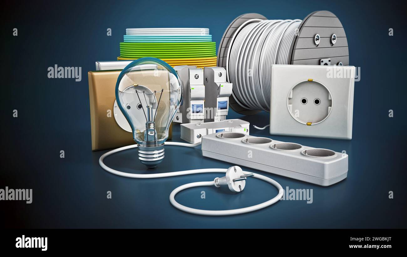 Power outlets, electric cables, fuse holders and lightbulb. 3D ...