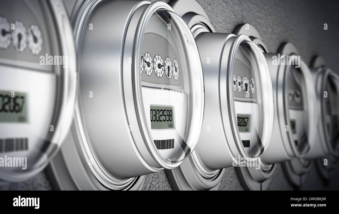 Energy efficient smart electric meters in a row. 3D illustration Stock ...