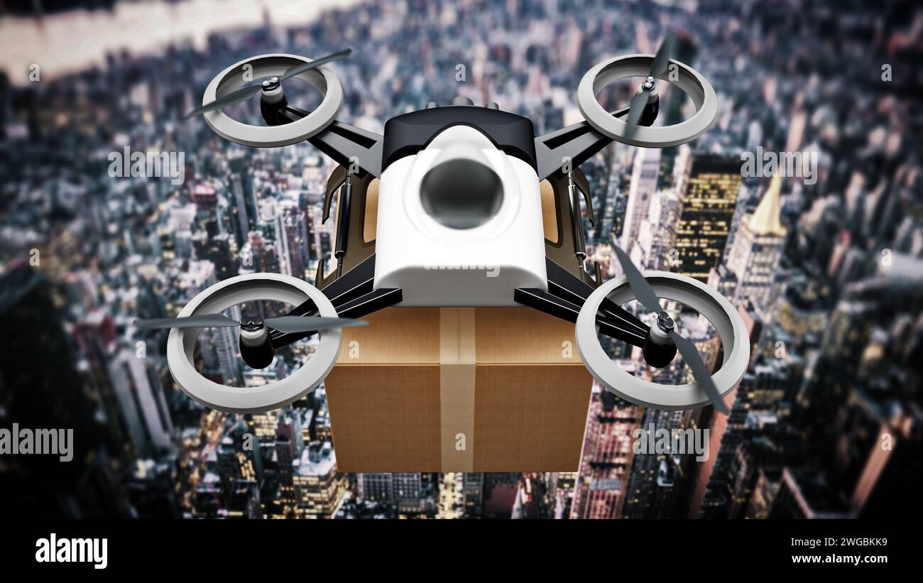 Unmanned drone carrying cargo box above the big city view. 3D ...