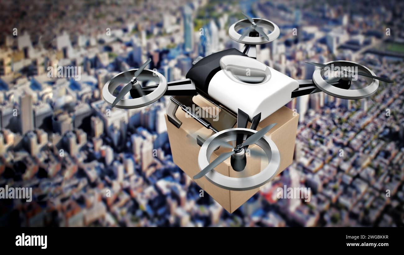 Unmanned drone carrying cargo box above the big city view. 3D ...