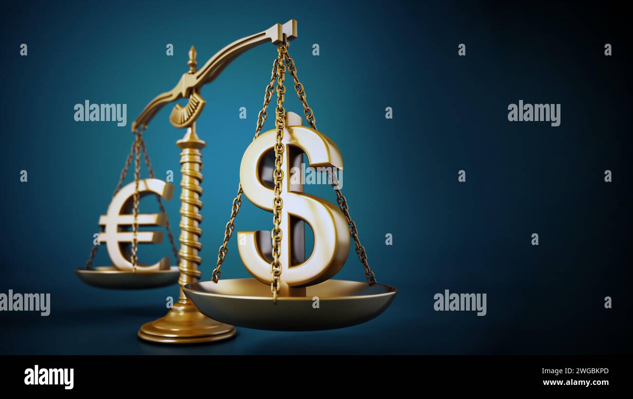 Golden Euro and Dollar signs standing on the scales of a balanced scale ...