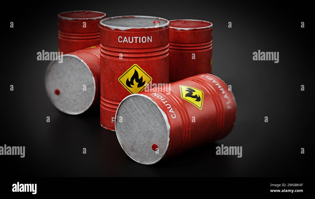Red barrels with caution flammable warning text and fire symbol ...