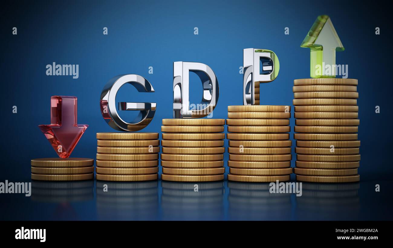 GDP word, rising and falling arrows and coins. Gross domestic product ...