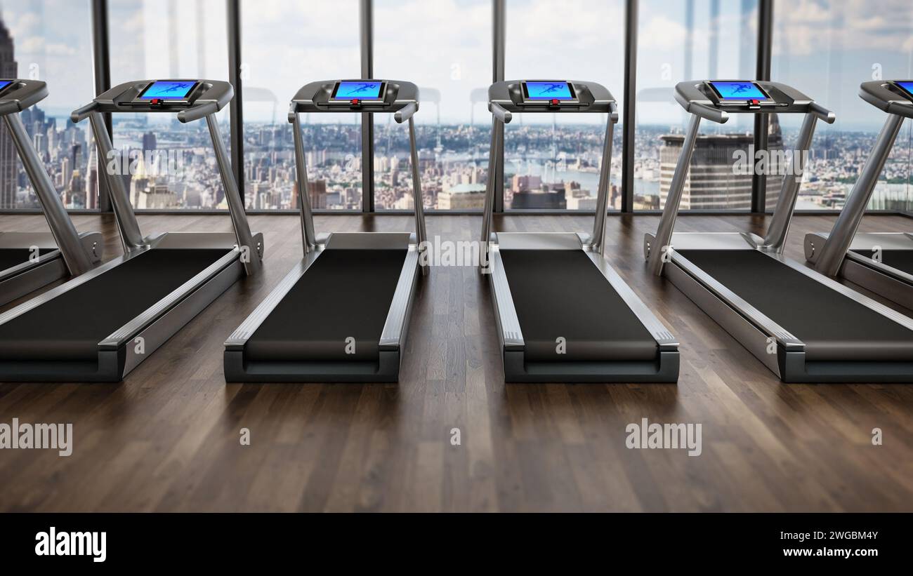 Treadmills inside a sports center in upper floors. 3D illustration ...