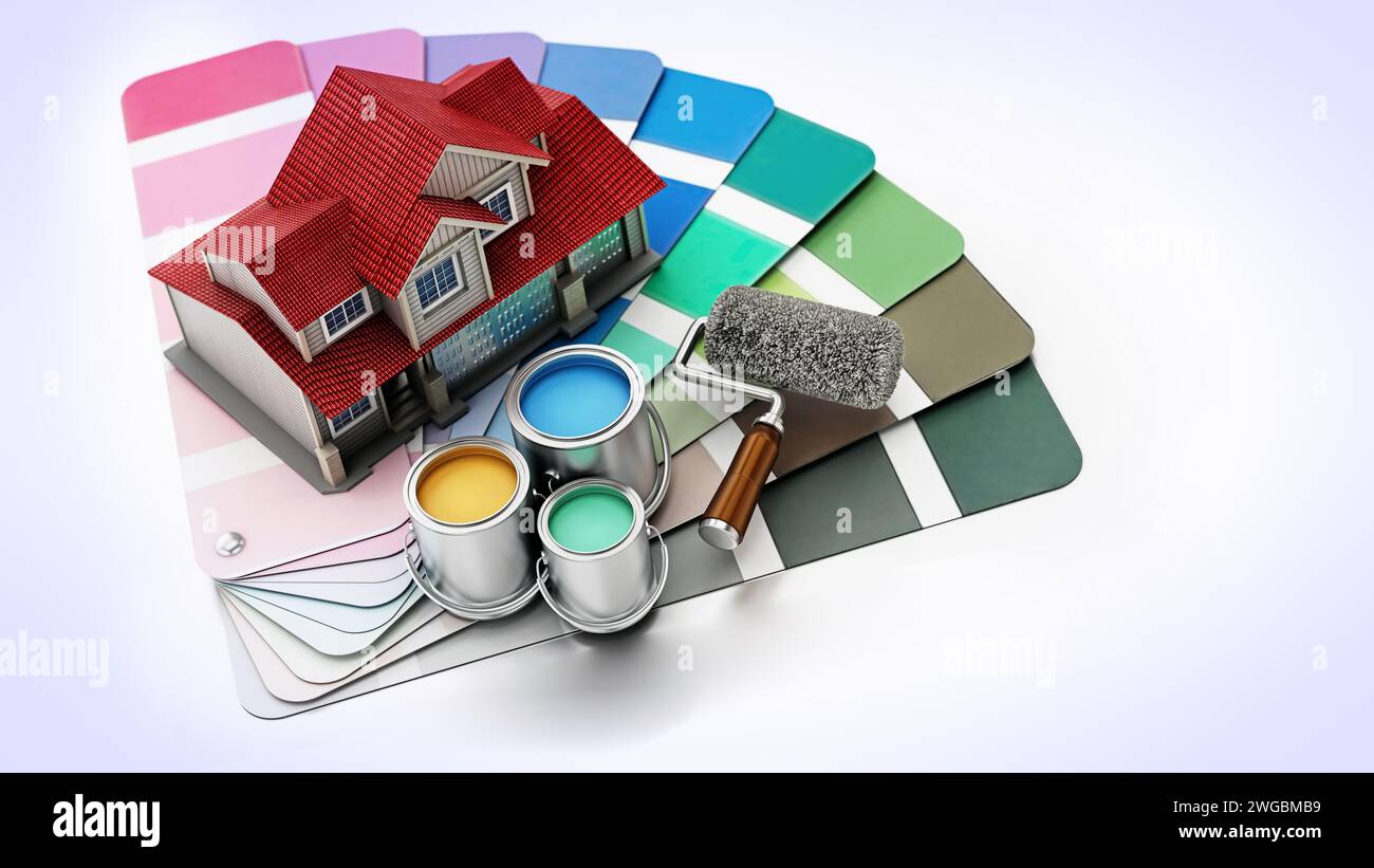 Color pallette guide, house model, paint cans and paint roller. 3D ...