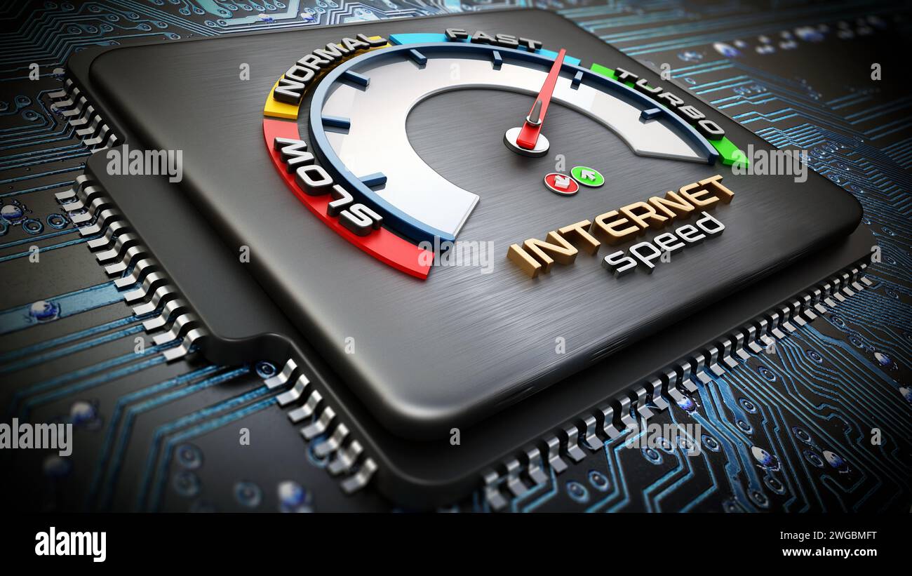 Internet speed dial on computer chip standing on blue PCB. 3D ...