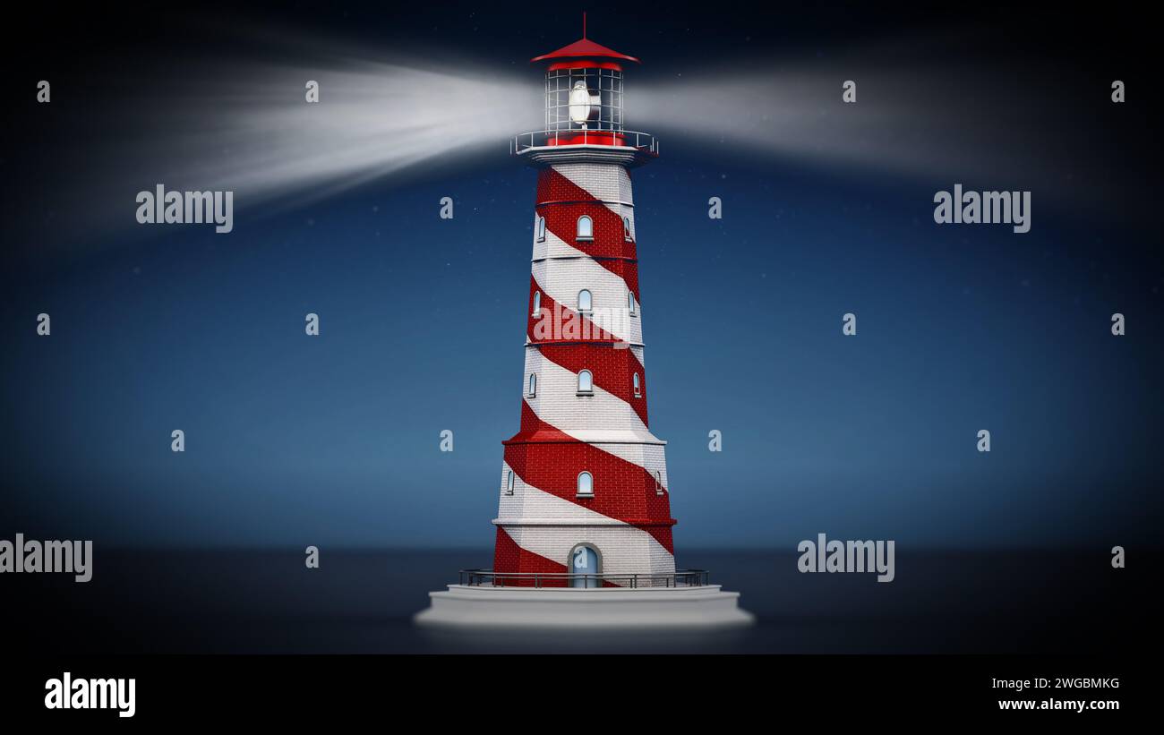Generic lighthouse emitting light on dark night background. 3D ...