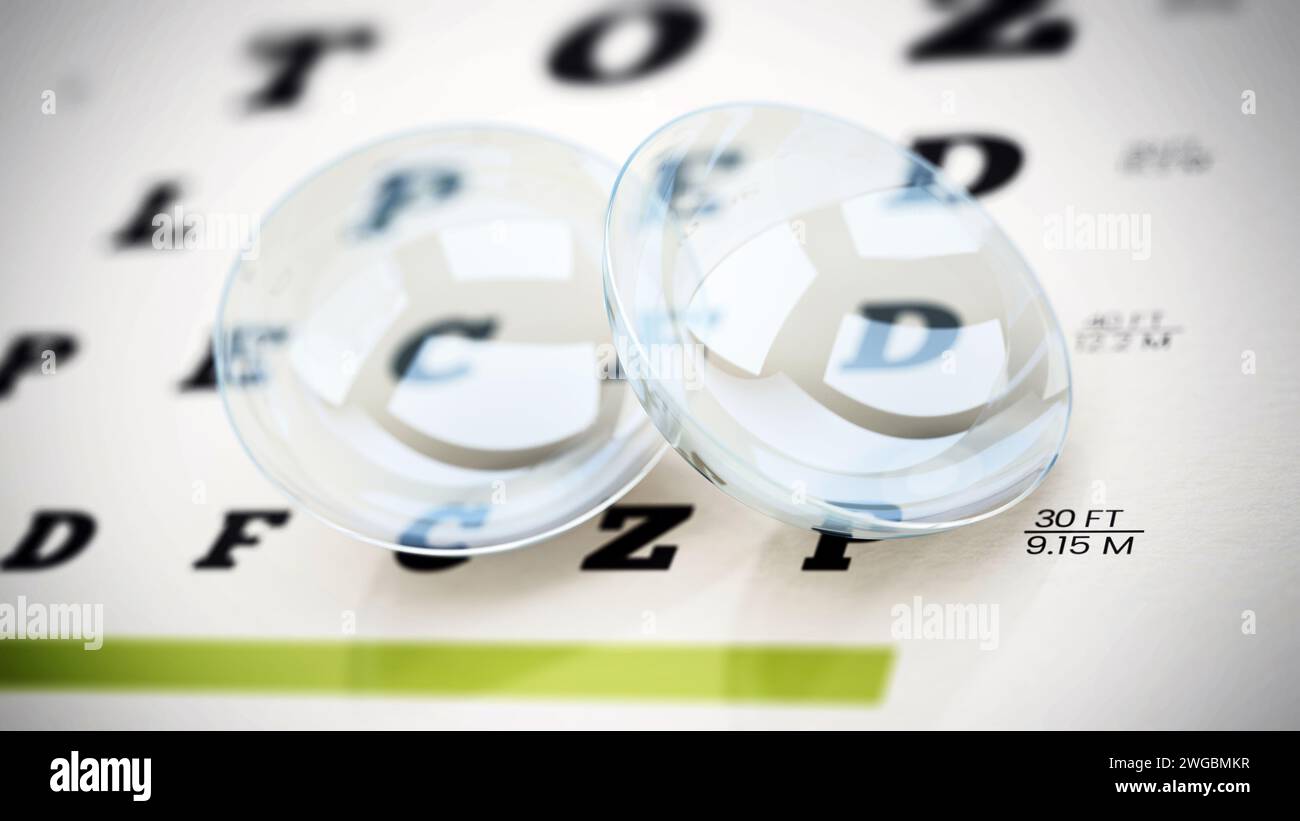 Set of optical lenses standing on eye test chart. 3D illustration Stock ...