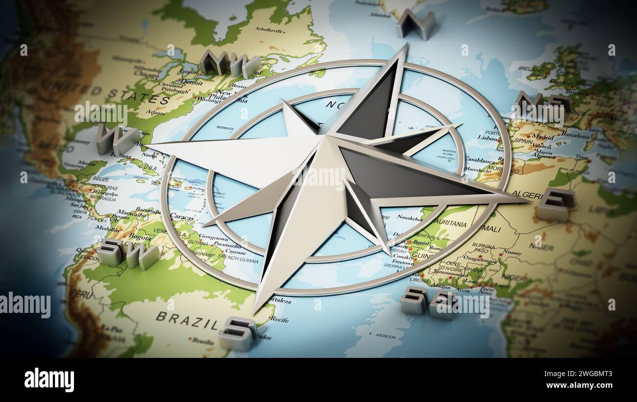 Vintage compass symbol showing the directions on the world map. 3D ...