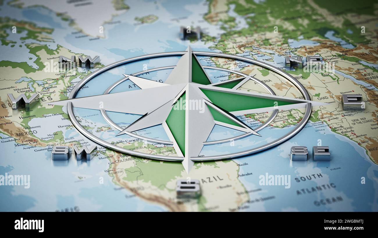 Vintage compass symbol showing the directions on the world map. 3D ...