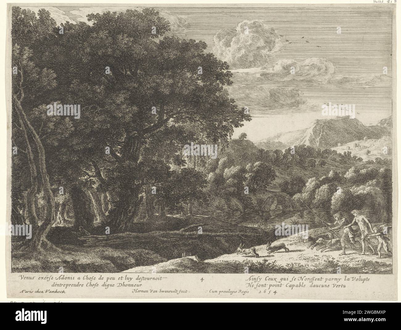 Venus and Adonis on Jacht, Herman of Swanevelt, 1654 print In a hilly ...