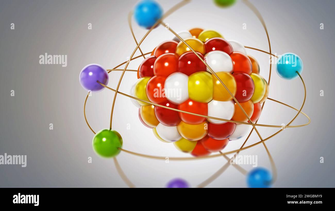 Abstract molecule model consisting of colored spheres. 3D illustration ...