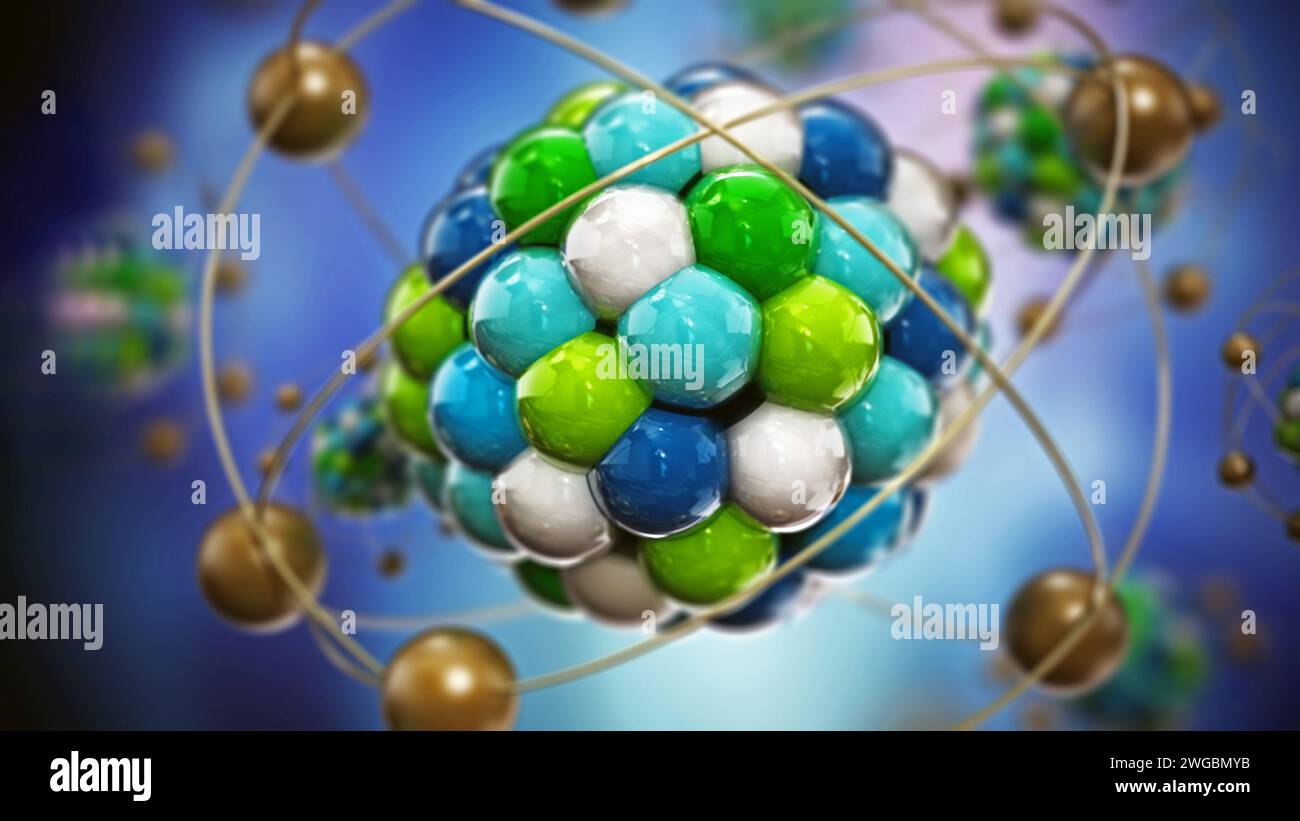 Abstract molecule model consisting of colored spheres. 3D illustration ...