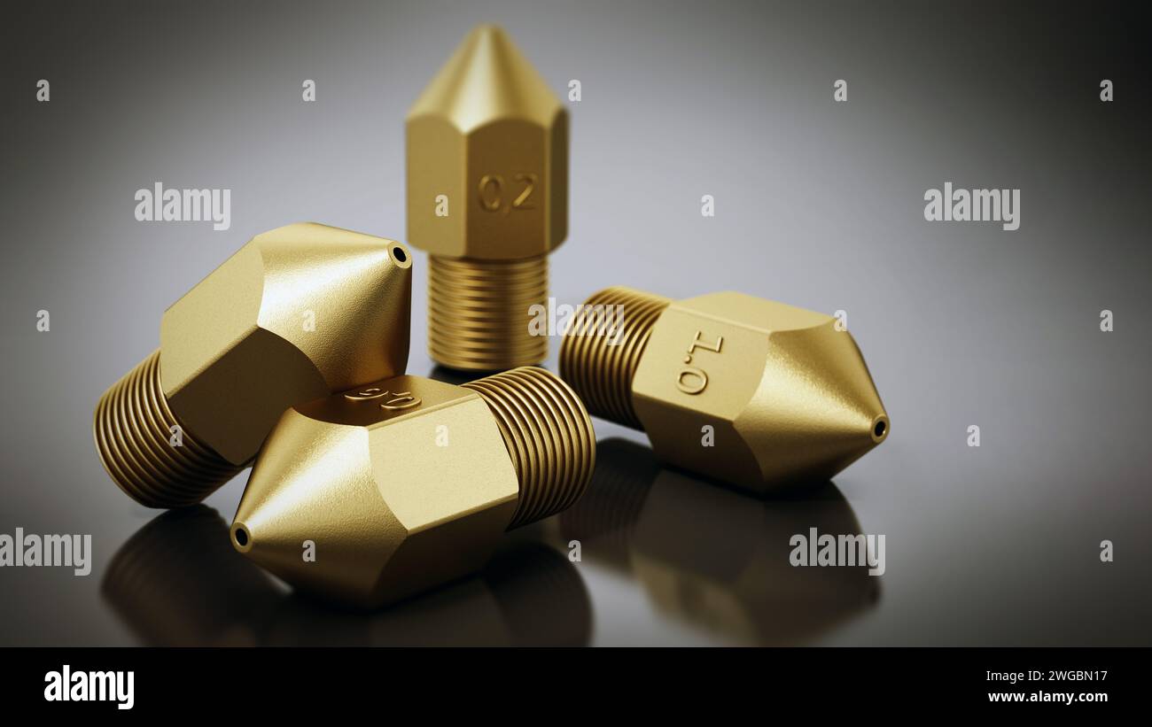 Brass 3D printer nozzles isolated on gray background. 3D illustration ...