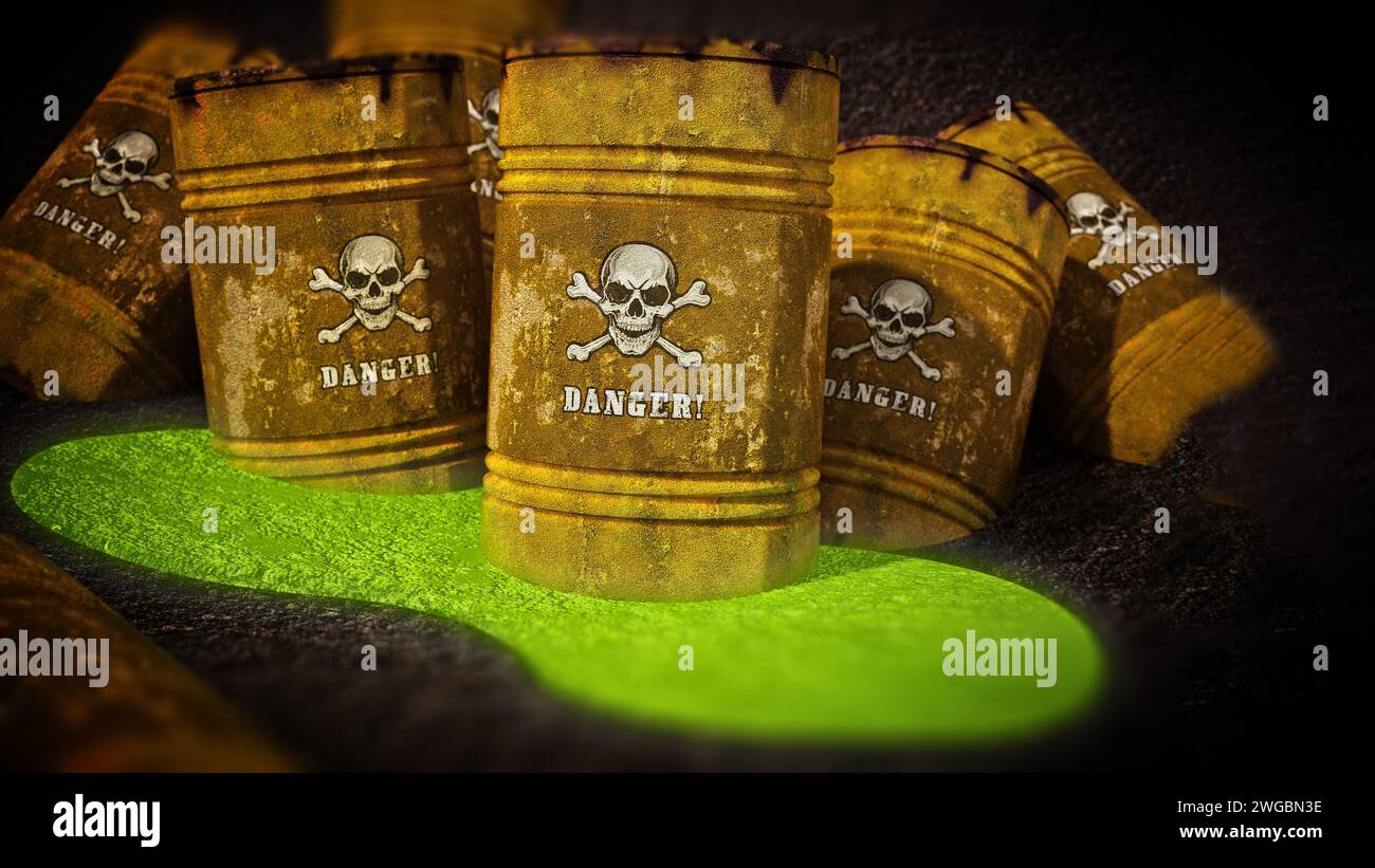 Toxic barrells with skull and bones and danger text. 3D illustration ...