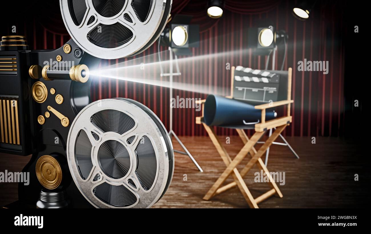Vintage camera, director's chair, clapperboard and horn in studio. 3D ...