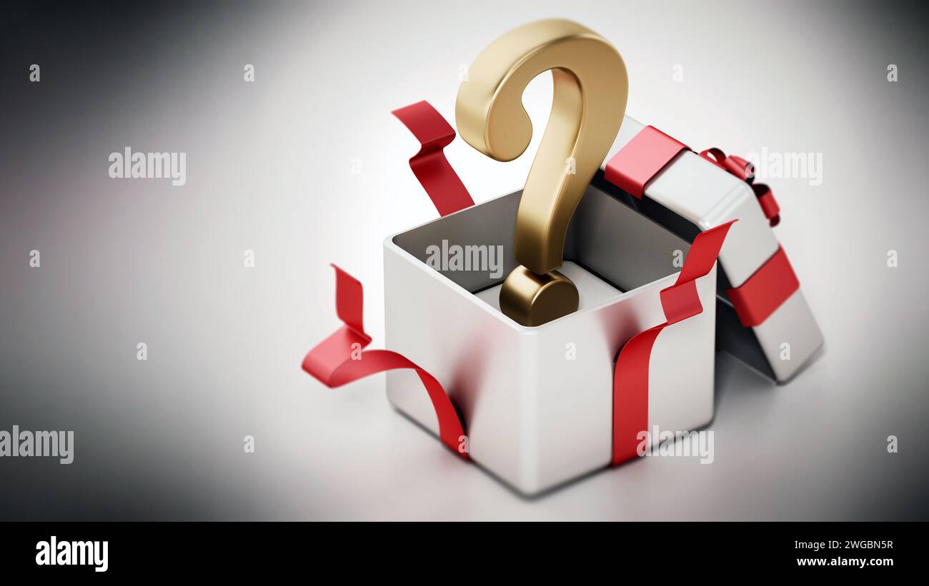 Gold question mark inside open giftbox. 3D illustration Stock Photo - Alamy