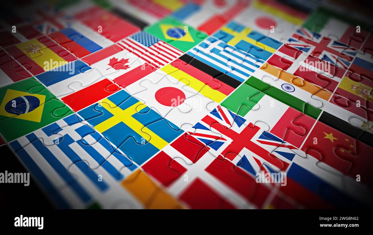 Country flags on jigsaw puzzle pieces. 3D illustration Stock Photo - Alamy